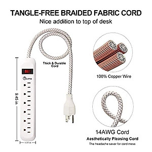 Power Strip Surge Protector CFMASTER 6 Outlets 2ft Long Extension Cord with Braided Fabric, 300 Joules, Wall-Mounted Strip, Overload Protection, for Home, Office (2 Pack)