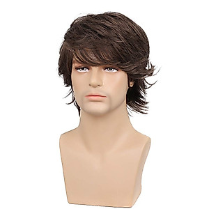 Short Brown Wig for Mens Layered Natural Fluffy Synthetic Hair Wig Heat Resistant Halloween Cosplay with Wig Cap