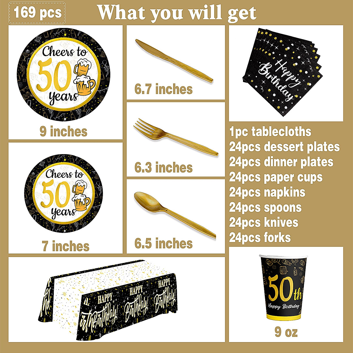 50th birthday decorations for men women - cheers to 50 years black gold Birthday supplies, Plates and Napkins, Cups, Knives, Forks, Spoons Included, tablecloth, Tableware for 24 Guests,Total 169pcs