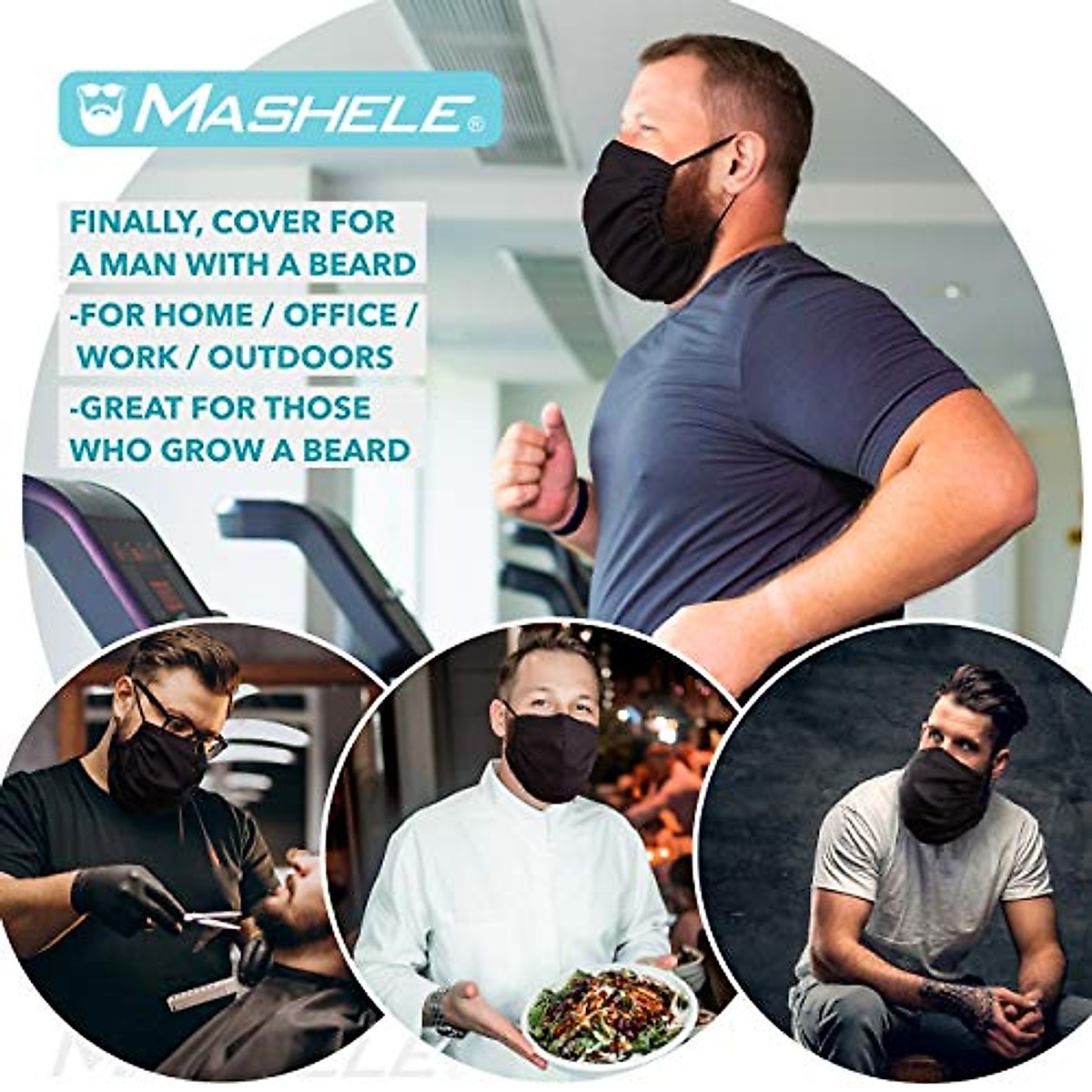 MASHELE 5 Pack Cotton Face Cover for Bearded Men XXL Black 5 Pcs with Nose Wire Adjustable Earloop Washable Reusable Holiday Gift for Indoor and Outdoor Party Activities (Sold as Set) (5, XX-Large)
