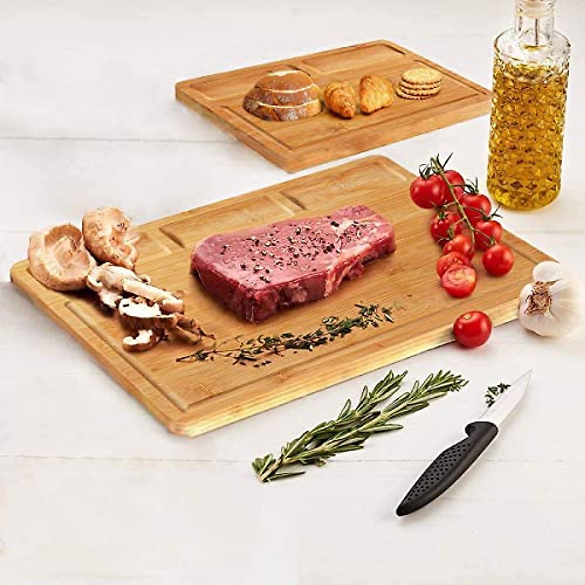 Lyellfe 2 Pack Bamboo Cheese Board, 16.5''L x 12.2''W Large Charcuterie Cutting Board with Juice Groove, Chopping Board Serving Platter for Brie, Meat, Vegetable, Pre Oiled, Organic Bamboo