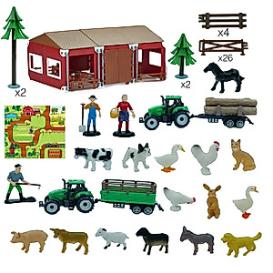 Peagprav Farm Playset Mini Barn Farm Toys 119PCS Plastic Animals Figurines and Fence with Map Figures Farmer Vehicle Truck with Forestry Trailer for 3-12 Years Old Kids Boys Girls Toddlers