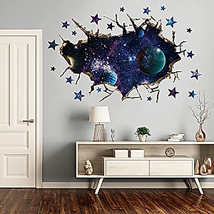 3D Galaxy Blue Cosmic Milky Way Wall Stickers, HOLENGS Outer Space Planets Simulation Crack Hole Wall Decals, Starry Sky Wall Decor for Boys Kids Bedroom Living Room Nursery Wall Decoration
