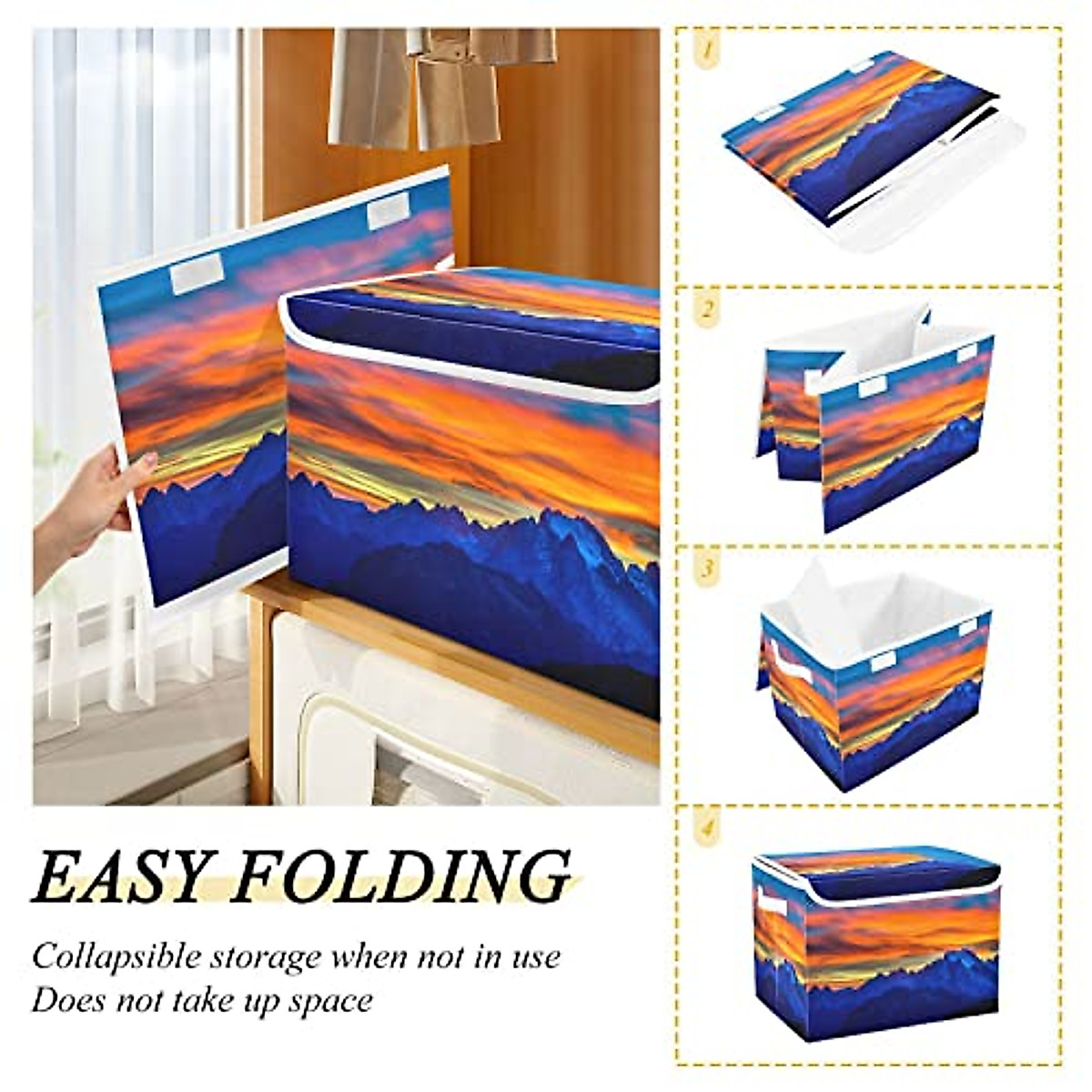 Kigai Sunset and Mountain Storage Basket with Lid,Collapsible Storage Box Fabric Storage Bin for Closet,Office,Bedroom,Nursery