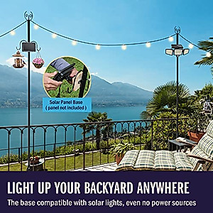 WY String Light Poles for Outdoor String Light - Light Pole with Hooks & Solar Panel Base to Hang up LED Lighting - Backyard, Garden, Patio, Deck Lighting Stand for BBQ, Party, Bistro & Weddings