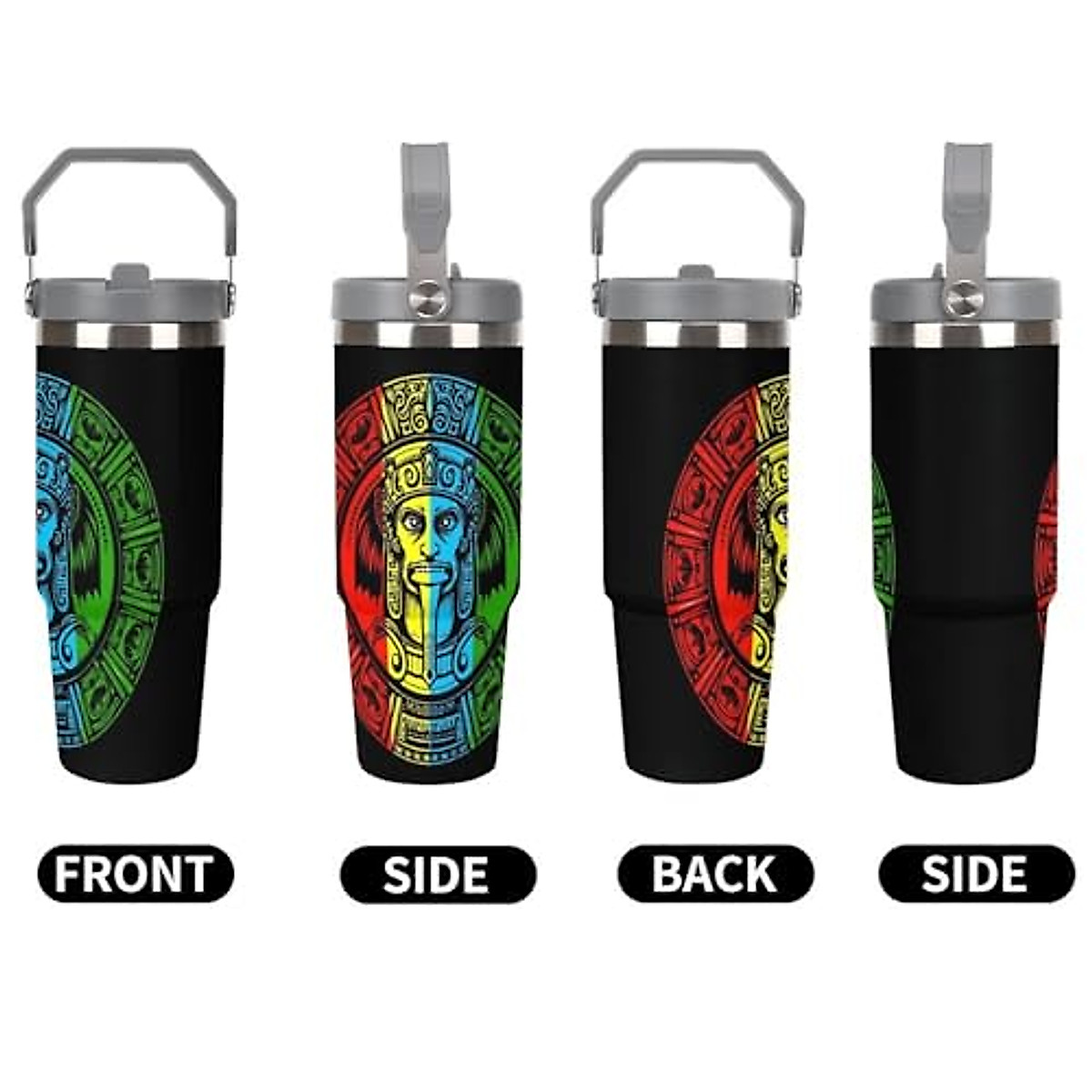 Colorful Aztec Calendar 30 OZ Insulated Tumblers with Handle And Straw Leakproof Vacuum Insulated Stainless Steel Water Bottle for Car Fishing Travel