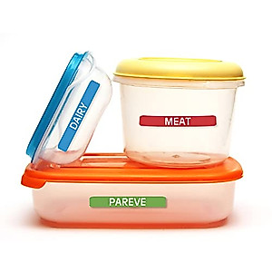 Lovable Labels Kosher Labels, 120 Pre-Printed Meat, Dairy and Pareve Kosher Stickers, Microwave, Freezer and Dishwasher Safe, Color Coded Kitchen Stickers for Kosher Kitchen. (Blue/Red/Green)