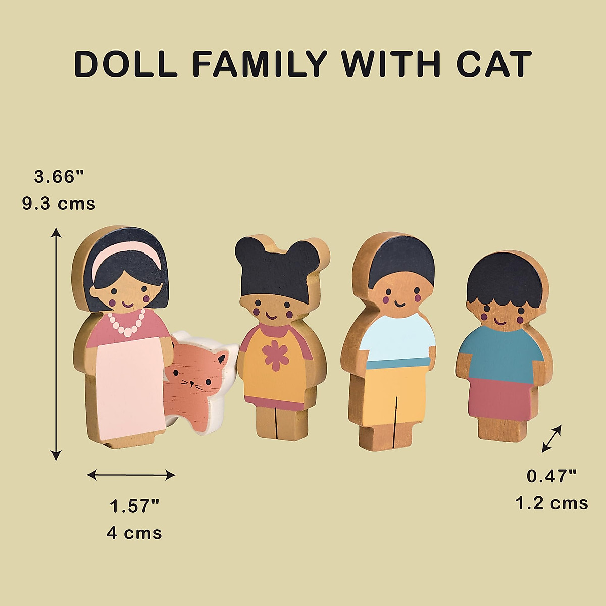 Mentari Toys - Doll Family with Cat - 5pc Multicultural Solid Wood Doll Set with Playful Kitten - Perfectly Sized for Little Hands - Encourages Imaginative Play and Social Skills - Age 12m+
