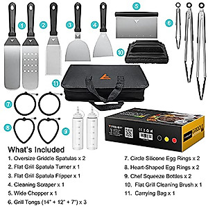 FiveJoy Griddle Accessories Kit, Flat top Grill Set for Blackstone and Camp Chef, BBQ Spatula Tools with Metal Spatula, Scraper, Egg Rings, Cleaning Kit for Camping (17 PCS)- Gift for Men, Women, Dad