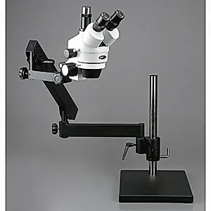 AmScope SM-7TZ-FRL Professional Trinocular Stereo Zoom Microscope, WH10x Eyepieces, 3.5X-90X Magnification, 0.7X-4.5X Zoom Objective, 8W Fluorescent Ring Light, Articulating-Arm Boom Stand, 110V-120V, Includes 0.5X and 2.0X Barlow Lenses