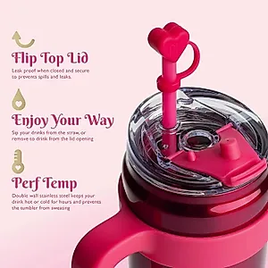 Paris-Hilton 40oz Stainless Steel Tumbler Set with Lid, Straw & Handle, Insulated Travel Mug for Hot & Cold Drinks, Double-Wall Vacuum Cup, Spill-Resistant, BPA-Free, Raspberry Pink & White