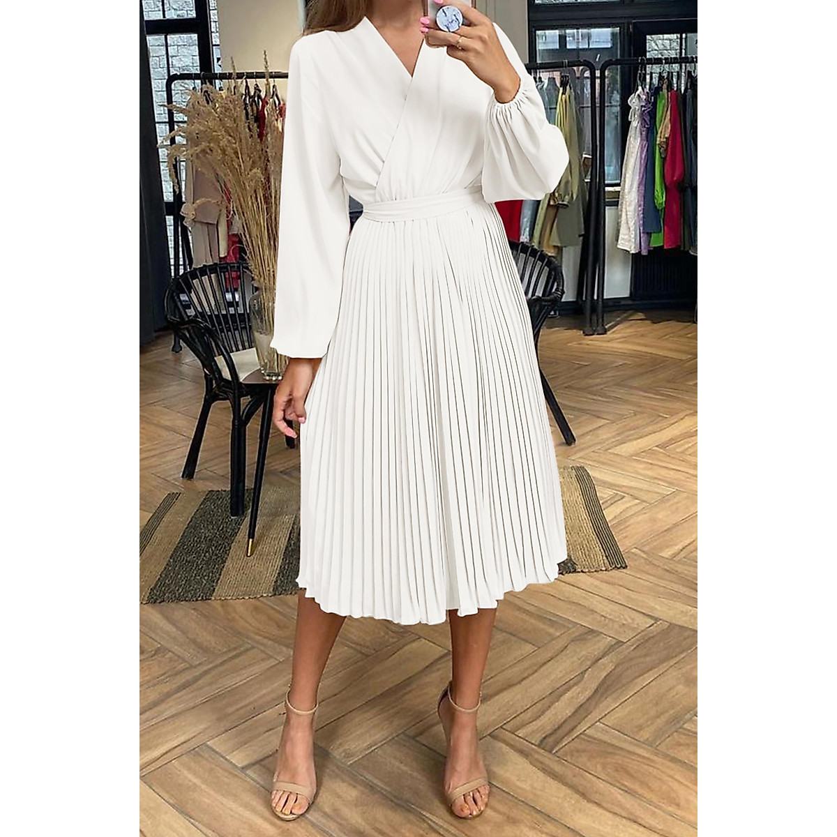 PRETTYGARDEN Women's Spring Midi Dress Long Puff Sleeve Wrap V Neck Flowy Ruffle Pleated Casual Fall Dresses (White,X-Large)