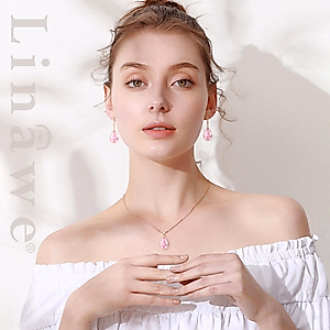 Linawe Rose Gold Pink Jewelry Sets, Crystal Pendant Necklace Set Pink Earrings Dangling Imitation Diamond Rhinestone Cubic Zirconia Birthstone Teardrop Dangle Matching Wedding Set