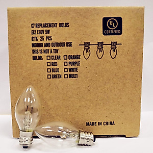 SUNSGNE 25 Pack C7 Clear Replacement Bulbs Christmas Light Bulbs, Outdoor Patio String Light Bulbs, C7 Night Light Replacement Bulbs, E12/C7 Candelabra Base, 5 Watt- Clear