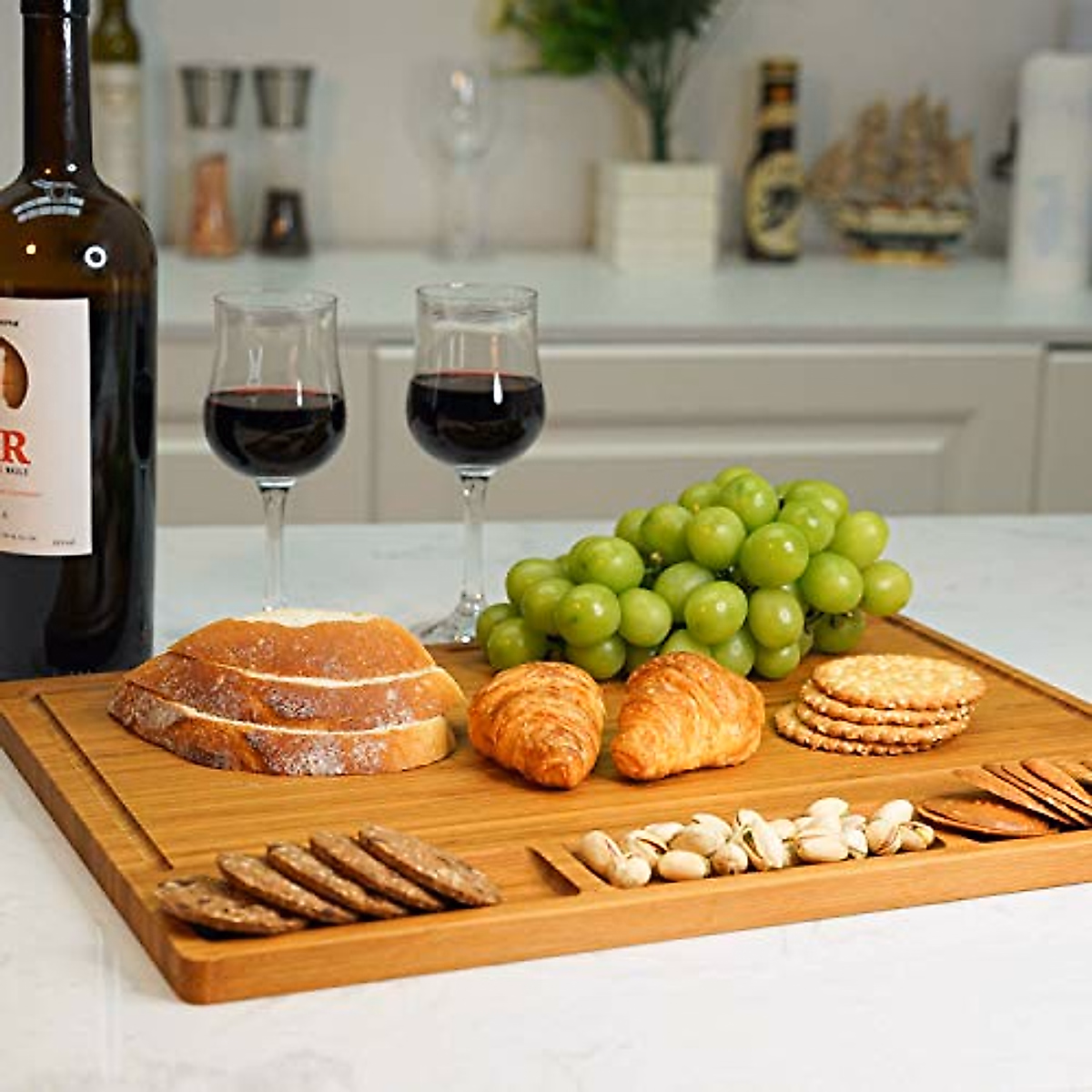 Large Bamboo Wood Cutting Board for Kitchen, Butcher Block, Chopping Cheese Carving Board, Serving Tray with 3 Built-In Dividers And Juice Grooves (17x12.6x0.62 Inch)