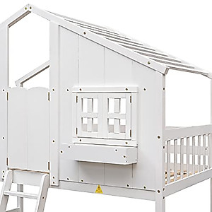 ERYE Twin Over Twin House Bunk Bed with Roof,Window, Window Box and Window Door,Twin Size Wooden Bunk Bed with Safety Guardrails and Ladder for Kids Children Teens Boys and Girls,White