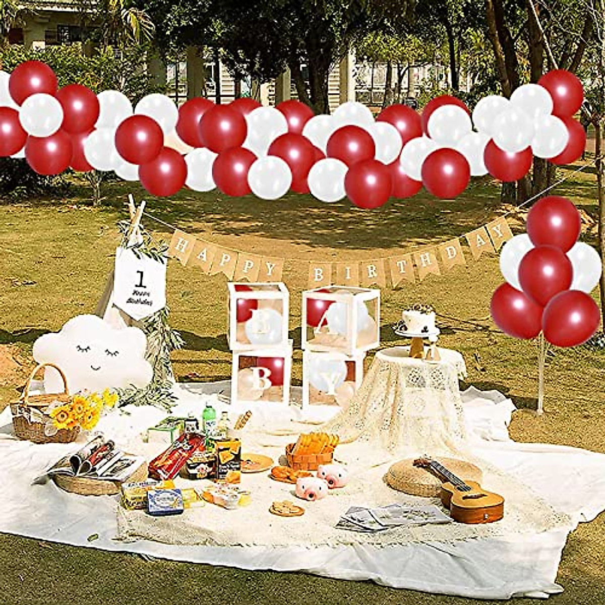 Red and White Balloons, 50pcs 12 Inch Latex Pearlized White and Burgundy Red Balloons, White and Maroon Balloons for Valentine's Day Party Supplies Decoration