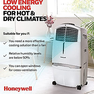 Honeywell 525 CFM Indoor Portable Evaporative Air Cooler, Fan & Humidifier with Ice Compartment & Remote, White