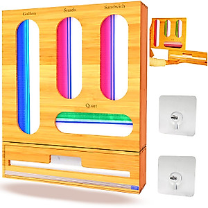 Wooden Ziplock Bag Organizer For drawer - Comes With Adjustable Foil or Plastic Wrap Dispenser With Cutter For Kitchen Drawer Organization and Storage - Zip Lock Bag Organizer Use in 1 or 2 Places