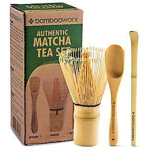 BambooWorx Matcha Whisk Set - Matcha Whisk (Chasen), Traditional Scoop (Chashaku), Tea Spoon. The Perfect Set to Prepare a Traditional Cup of Japanese Matcha Tea, Handmade from 100% Natural Bamboo