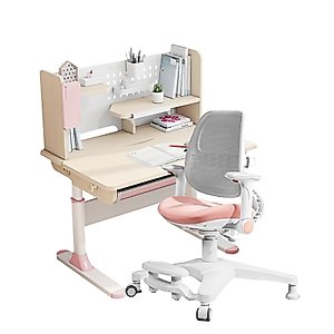 FCD Kids Desk and Chair, Adjustable Height Drafting Table Computer Station with Bult-in Bookshelf, Pull-Out Drawer, Tablet Holder and Tiltable Desktop (Desk and Chair Set, Pink)