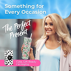 Floral Print Vacuum Insulated Stainless Steel Skinny Tumbler with Straw - Coffee Mug with Lid - Tea Cup for Travel- Nature Themed, Plant Lovers - Travel Mug, Birthday Gift - Floral Mugs for Women