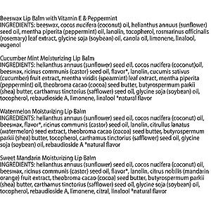 Burt's Bees Lip Balm - Original Beeswax, Cucumber Mint, Watermelon & Sweet Mandarin, With Responsibly Sourced Beeswax, Tint-Free, Natural Origin Treatment, 4 Tubes, 0.15 oz.