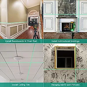 INSPIRITECH Tile Laser Level Self Leveling 3D Alignment Guide,3x360° Horizontal Vertical 12 Cross Lines, Green Beam Lazer Leveler Tool for Floor Ceiling Wall with 2 Lithium Batteries