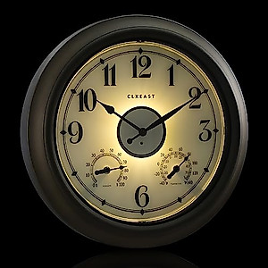 CLXEAST Illuminated Outdoor Clocks Waterproof 18 Inch with Smart Sensor,Large Outdoor Pool Clock with Temperature & Hygrometer,Wall Clock for Living Room Decor,Grey Oak/Faux Barnwood