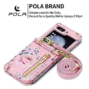 EAXER for Samsung Galaxy Z Flip 5 Case, Shockproof Women Rose Flower with Crossbody Strap Wallet Leather Stand Case Cover (Pink)