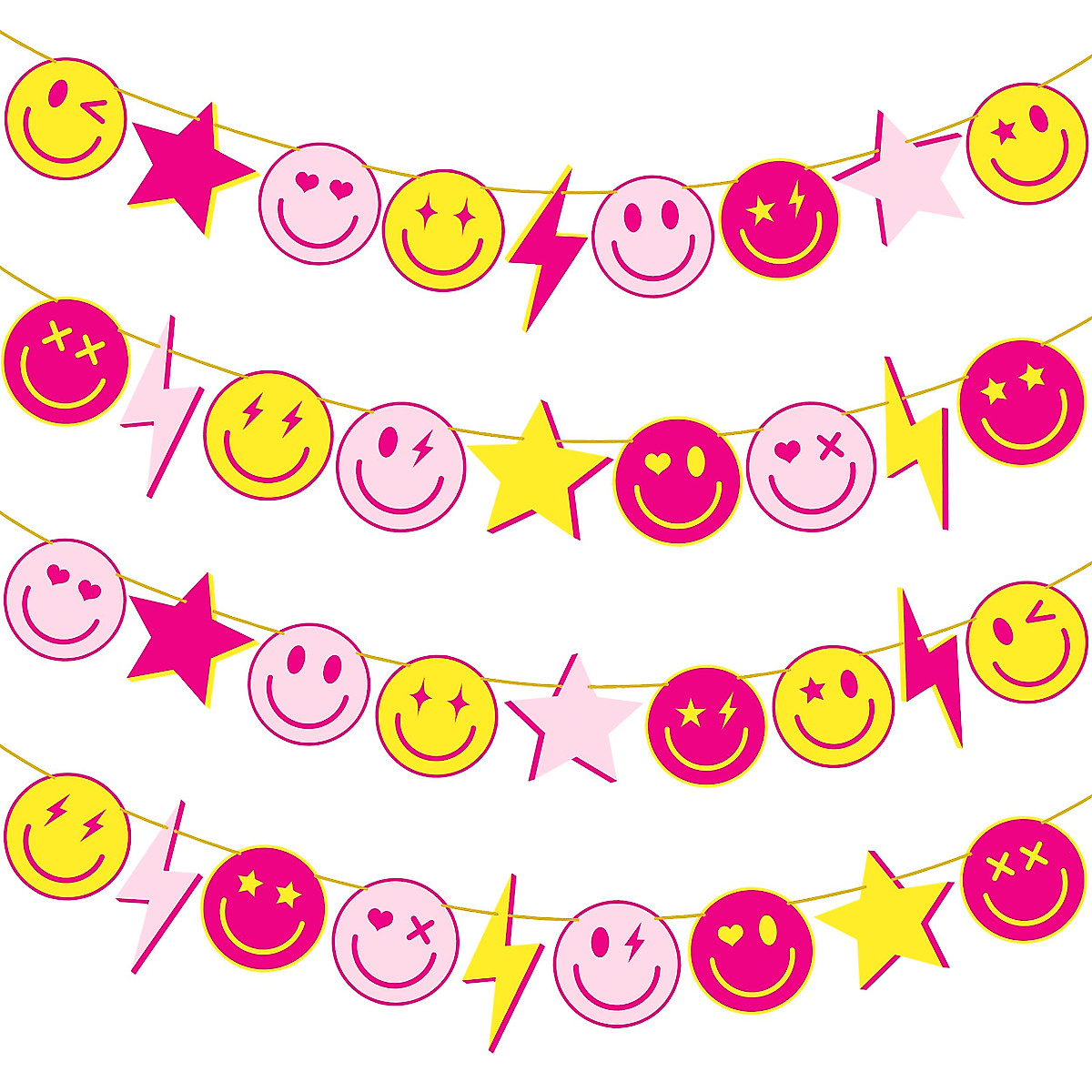 Preppy Party Banners 4Pcs Preppy Smile Face Party Decorations Hot Pink Yellow Smile Face Lightning Star Themed Party Banners for Back to School Party Bachelorette Birthday Party Supplies