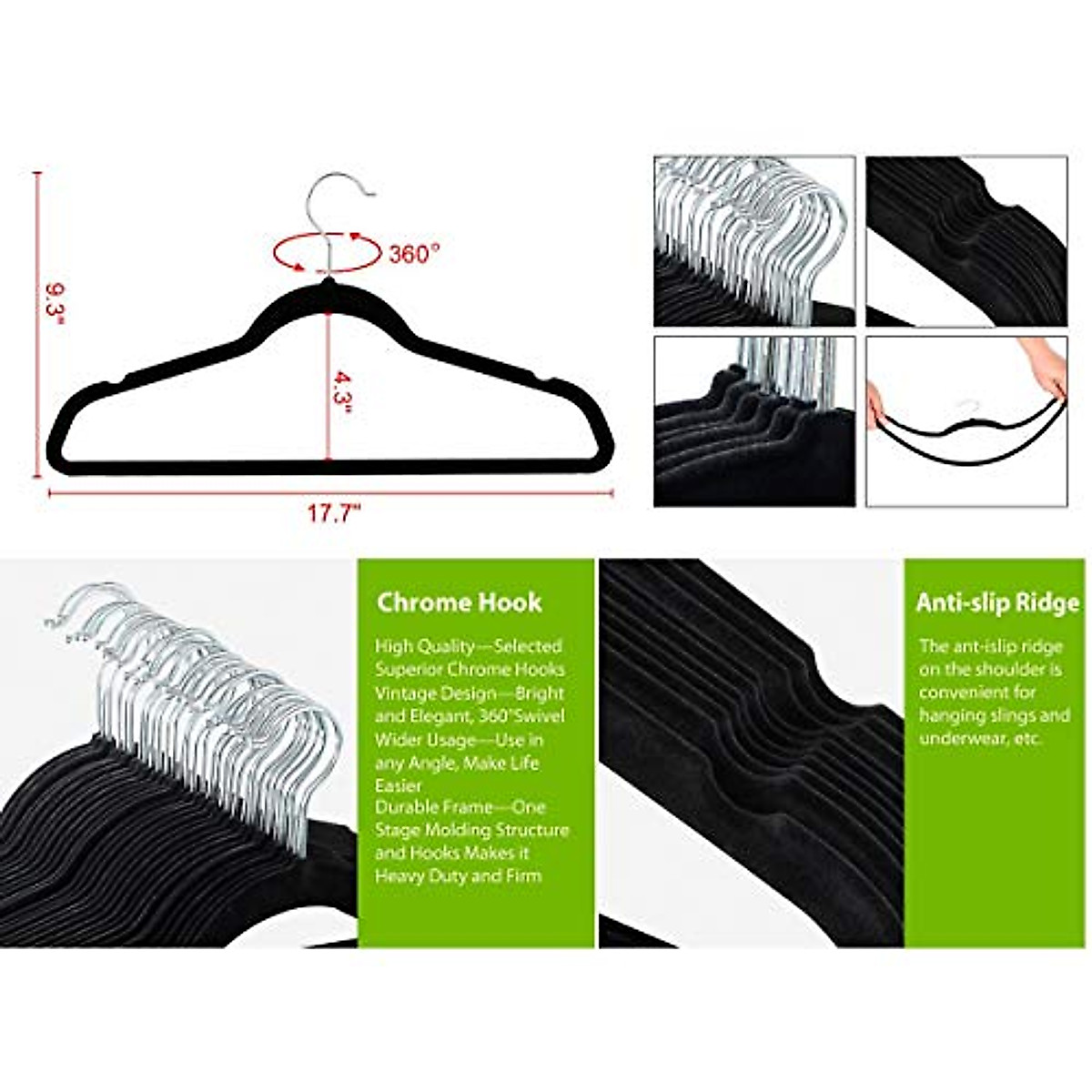 Yaheetech Non Slip Velvet Hangers - Heavy Duty -Flocked Hangers Coat Suit Hangers Space Saving Clothes Hangers with Swivel Hook, Black - Pack of 100