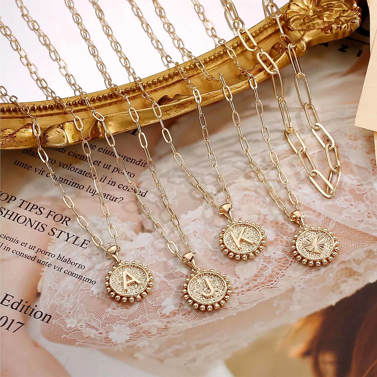 Ursteel Layered Gold Initial Necklace for Women - 14K Gold Plated Dainty Layering Paperclip Chain Necklace for Women Letter A Initial Coin Pendant Necklaces Jewelry Mothers Day Gifts for Women