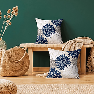 GIOPAMGO Navy Blue White Pillow Covers 18x18 Set of 2, Gray Abstract Dahlia Farmhouse Decorations Throw Pillow Covers Geometry Design Summer Outdoors Decorative Linen Cushion Case for Couch Sofa Home