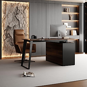 TAMUNE L-Shaped Corner Desk with Drawers, Office Desk Executive Desk with Storage Cabinet, Computer Desk with Black Metal Leg Frame, for Home Office Deep Brown and Black (54.3”W x 40.9”D x 29.1”H)