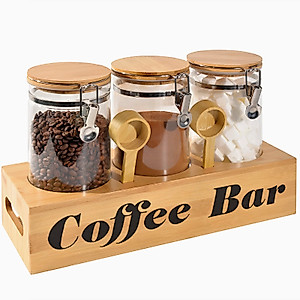 3Pcs Glass Coffee Canister with Shelf Printed Coffee Bar, Sugar Container, 3x53oz Glass Coffee Bean Storage Jars with Airtight Locking Clamp Lids Spoons, Coffee Containers Set Kitchen Food Storage Tea