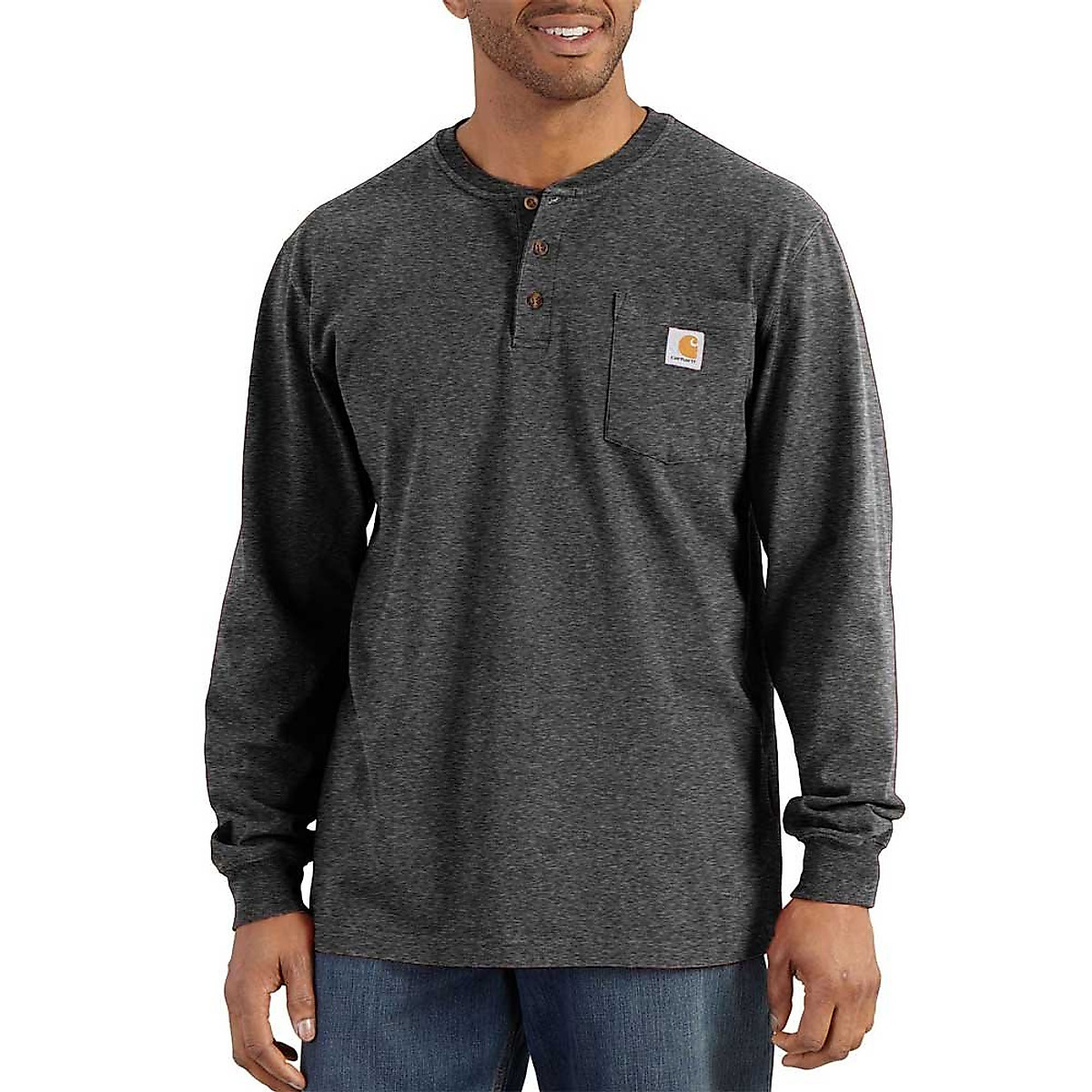 Carhartt Men's Loose Fit Heavyweight Long-Sleeve Pocket Henley T-Shirt, Carbon Heather, Small