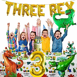 Three Dino Rex Birthday Party Decorations, Three Inspired Rex Letter Balloon T-Rex Dinosaur 3 Cake Topper for 3 Year Old Birthday Party Decorations,Boys Dinosaur Birthday Party Supplies