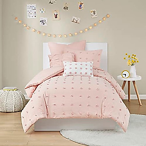 Urban Habitat Duvet Set 100% Cotton Jacquard, Tufts Accent, Shabby Chic All Season Cover for Comforter, Matching Shams, Decorative Pillows, Twin/Twin XL (68 in x 92 in), Pink 5 Piece