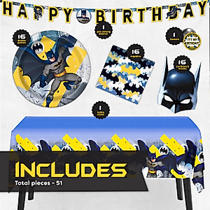 Batman Birthday Party Supplies | Batman Party Supplies | Batman Birthday Decorations | Batman Party Decorations | With Banner, Table Cover, Masks, Plates, Napkins, Button | For Boys or Girls | Serves
