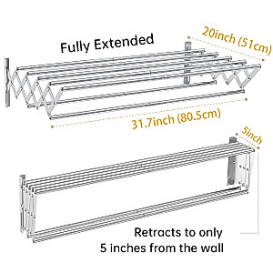 MrToNo Wall Mounted Clothes Drying Rack, Rustproof Accordion Retractable Drying Rack for Laundry Room/Bathroom Tower，Easy to Install with 7 Drying 31.5-inch Rods, 80 lbs Large Capacity