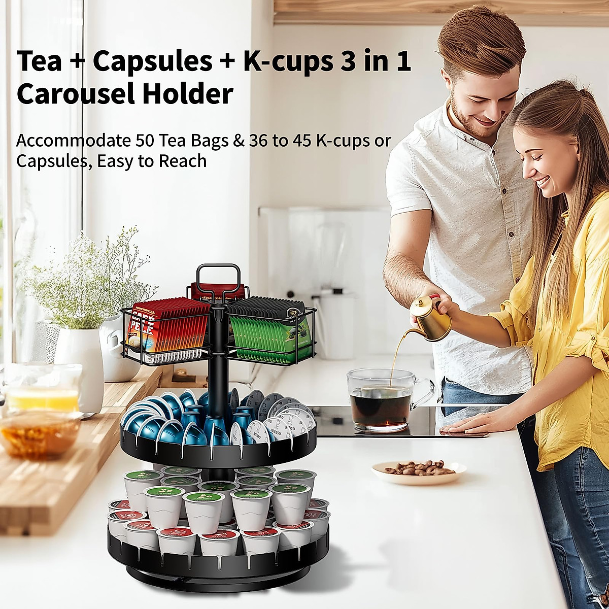 ZDDLOINP Coffee Pod Holder and Tea Bag Organizer, K Cup Holder Carousel Stand for 54 Pods and 50 Tea Bags, Keurig Pod Holder Coffee Bar Accessories for Kitchen, Office, Countertop Coffee Station
