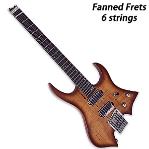 Boya&Ziqi Headless Electric Guitar LIZARD-6,FANNED FRETS, Independently Adjustable Bridge,Split coil control,5-Piece Maple/Streaked Ebony Neck (Natural Burst Spalted Maple, Right)