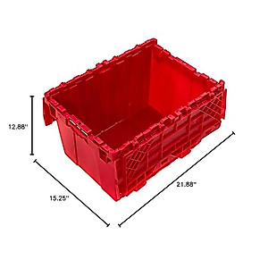 12 Gallon Heavy-Duty Flip Tote Storage Container (PACK OF 6) - Red, Commercial Flip Top Tote, Industrial Plastic Storage Tote - 21 in. L x 15 in. W x 12in. H, Padlock & Metal Hinged Flip Cover