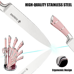 YF-TOW Knife Block Set, Kitchen Knife Set with Stand, 9 PCS Pink Sharp Stainless Steel Knife Set with Chef Knife,Bread Knife,Carving Knife,Scissors and Knife Sharpener (Pink)