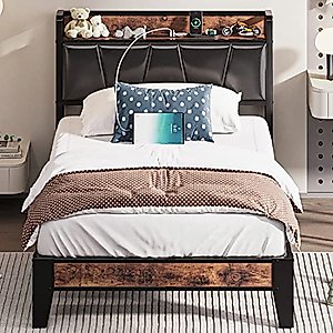 LIKIMIO Twin Bed Frame, Storage Headboard with Charging Station, Solid and Stable, Noise Free, No Box Spring Needed, Easy Assembly (Vintage and Black)