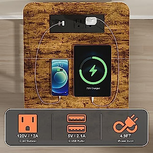 GYIIYUO Nightstands Set of 2 with Charging Station and Fabric Storage Drawer,16.5" x 15.8" Side Table with Storage for Bedroom, Bedside Tables with Steel Fram, Rustic Brown and Black