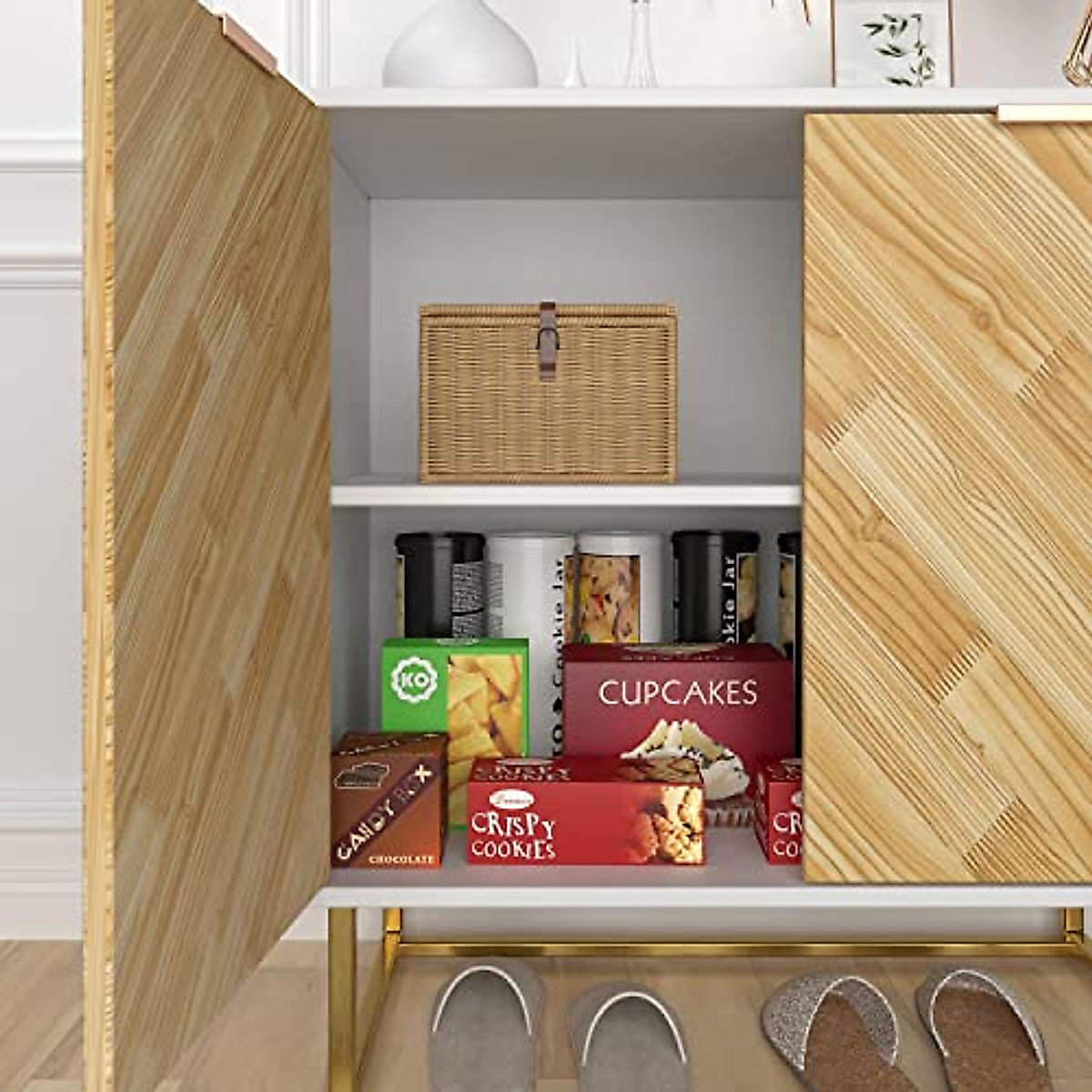 Accent Cabinet with 2 Doors, White Buffet Sideboard Cabinet with Gold Metal Base, Kitchen Accent Storage Cabinet Console Table with Adjustable Shelf, Boho Cabinet Credenzas for Living Room