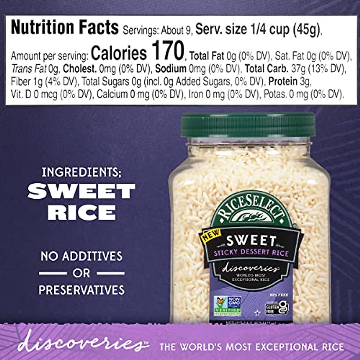 RiceSelect Discoveries Sweet Sticky Dessert Rice, Gluten-Free, Non-GMO, Vegan, 14.5-Ounce Jar, White