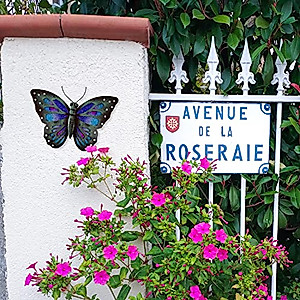 LIFFY Metal Butterfly Wall Decor 15inch Blue Butterfly Outdoor Art Hanging Glass Wall Decorations for Garden Fence Patio